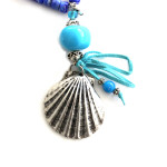Silver Sea Shell Pendant and Blue/aqua Heishi Chain
